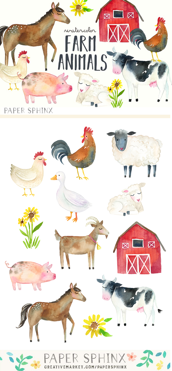 Watercolor Farm Animals Clipart Pack, an Animal Illustration by PaperSphinx