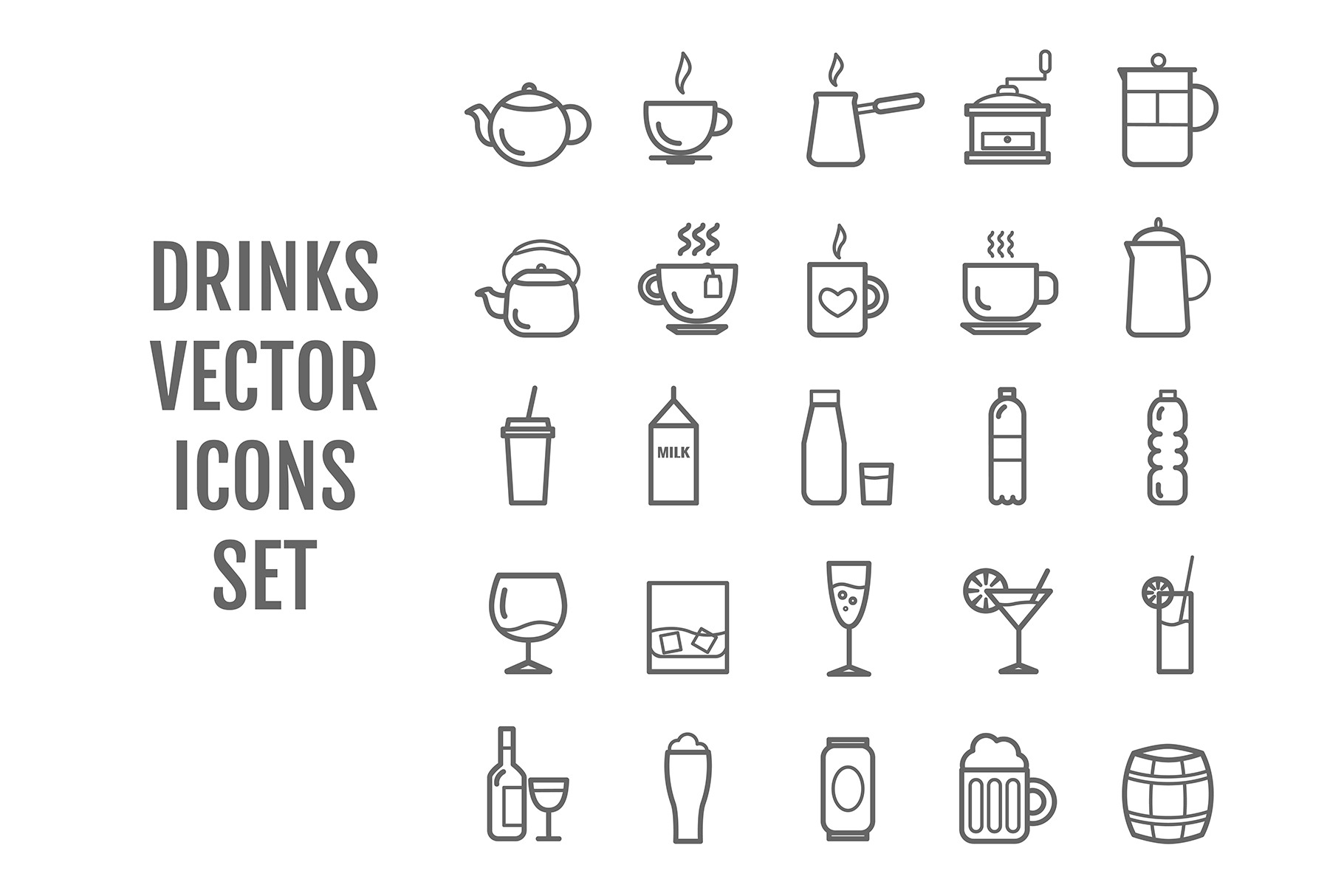 Set of 25 vector line drinks icons, an Outline Icon by Irina Romanova