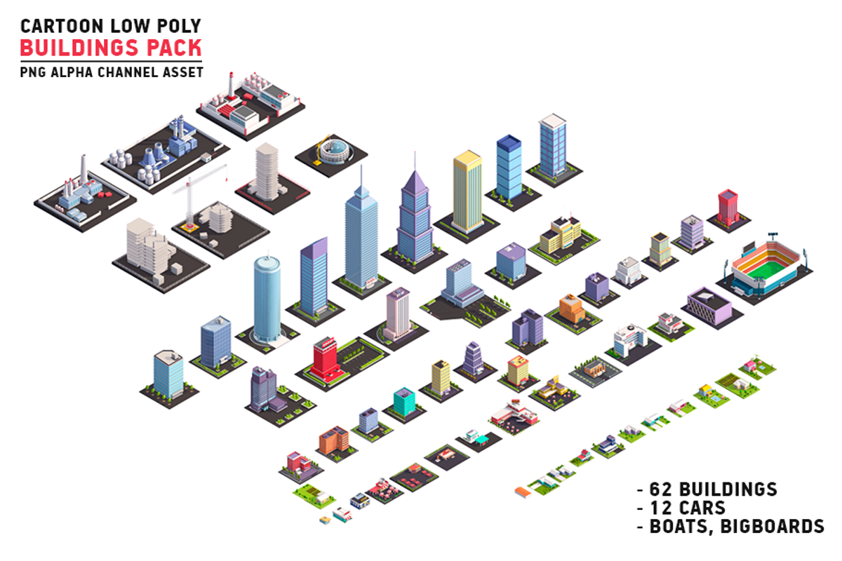 Low Poly Isometric Buildings Pack, an Illustration by Anton Moek