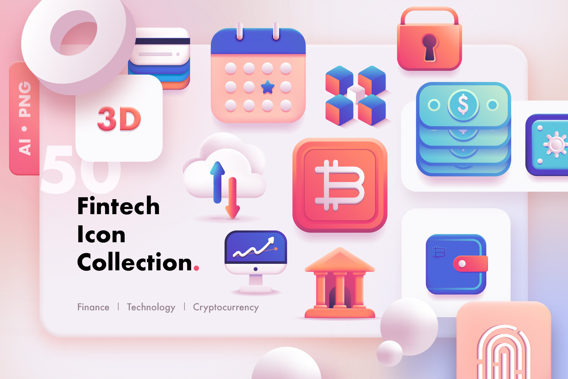 3D Fintech Icons-Crypto, Finance, Tech