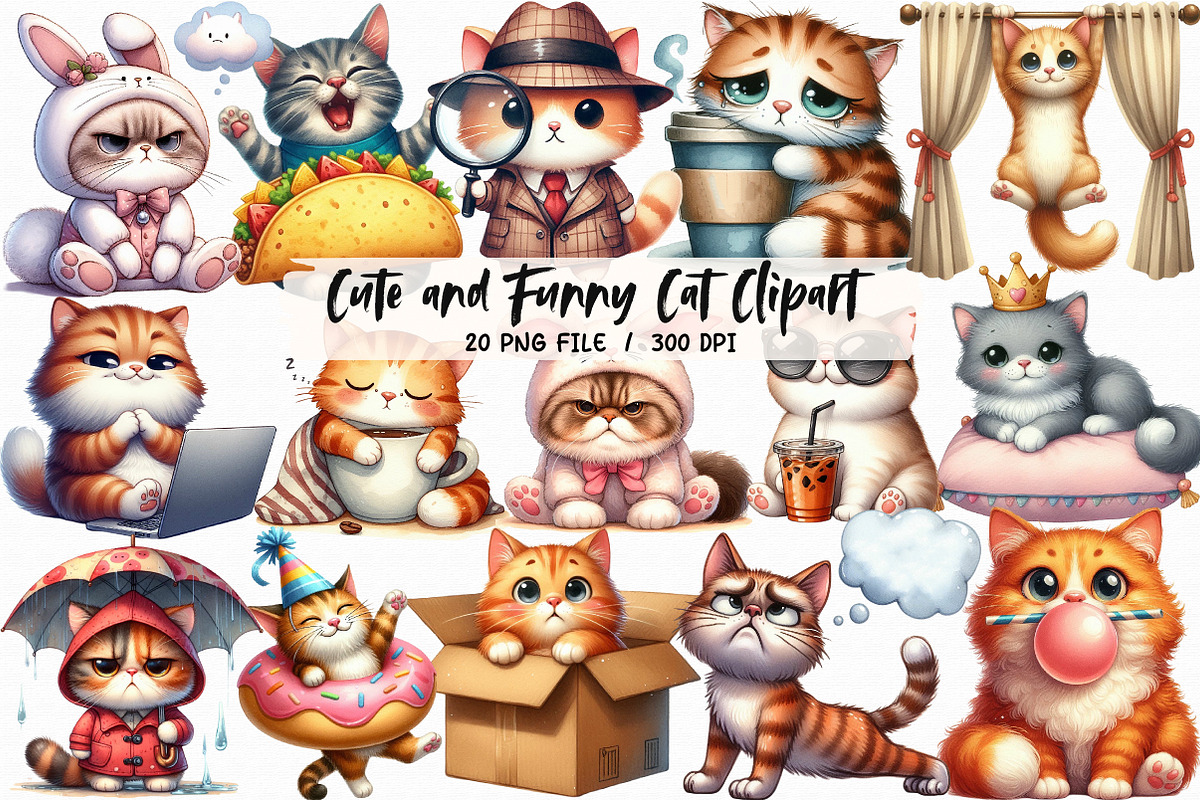 Cute and Funny Cat Clipart Bundle, an Illustration by Libby Wishes
