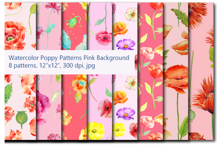 Watercolor Poppy Pattern Pink Theme, a Pattern Graphic by Corner Croft