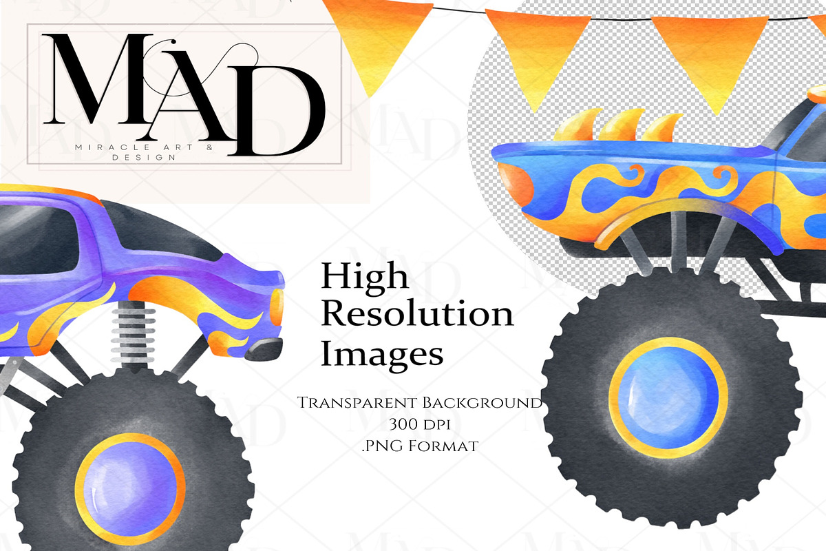 Watercolor Monster Truck Clipart Set