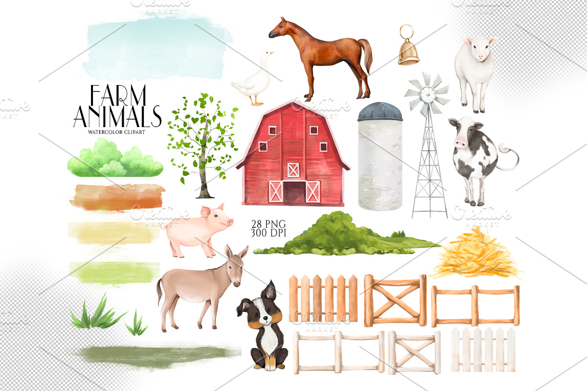 Farm Animals Watercolor Clipart, an Animal Illustration by StudioBeeArt