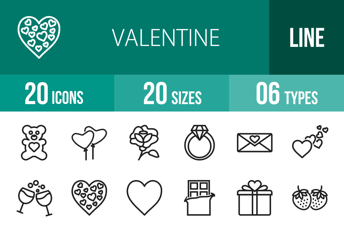 20 Valentine Line Icons, an Outline Icon by IconBunny