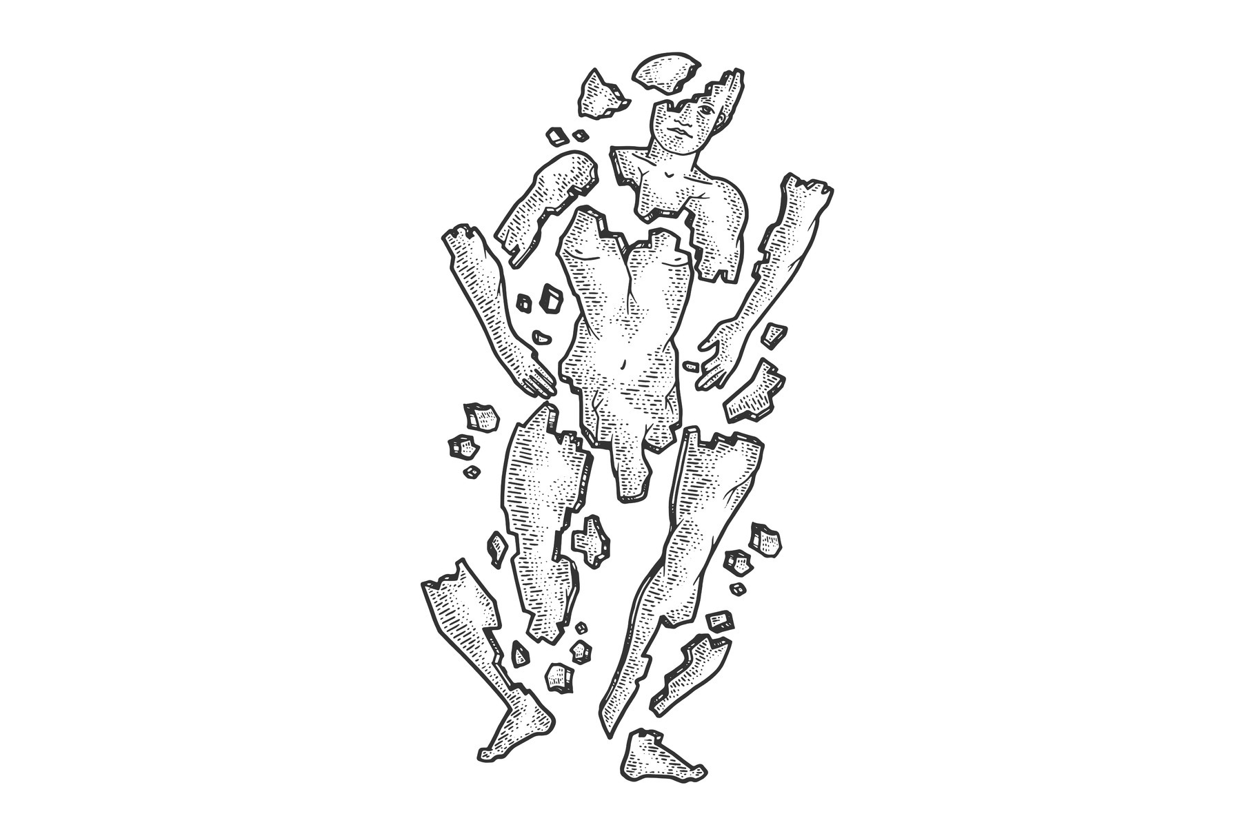 Shattered man sketch engraving, a Person Illustration by AlexArt