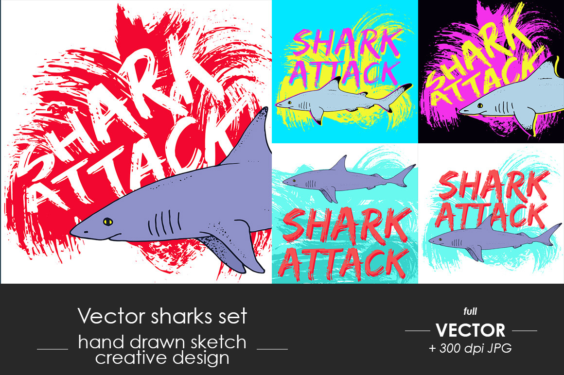 Sharks set, shark attack, an Animal Illustration by OKart.studio