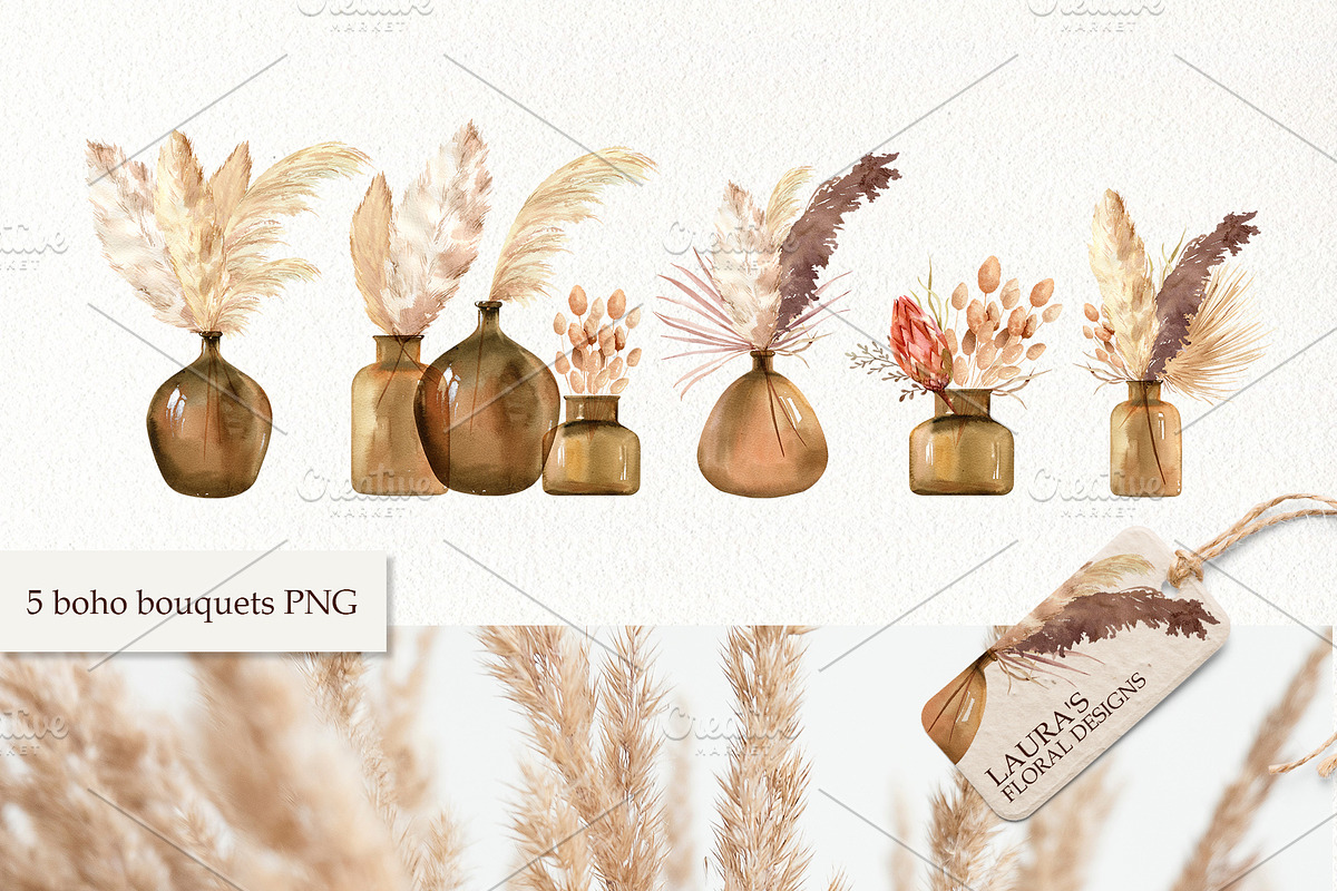 Watercolor boho floral clipart