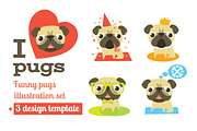 Vector pugs + 3 design templates, an Illustration by Olyzel