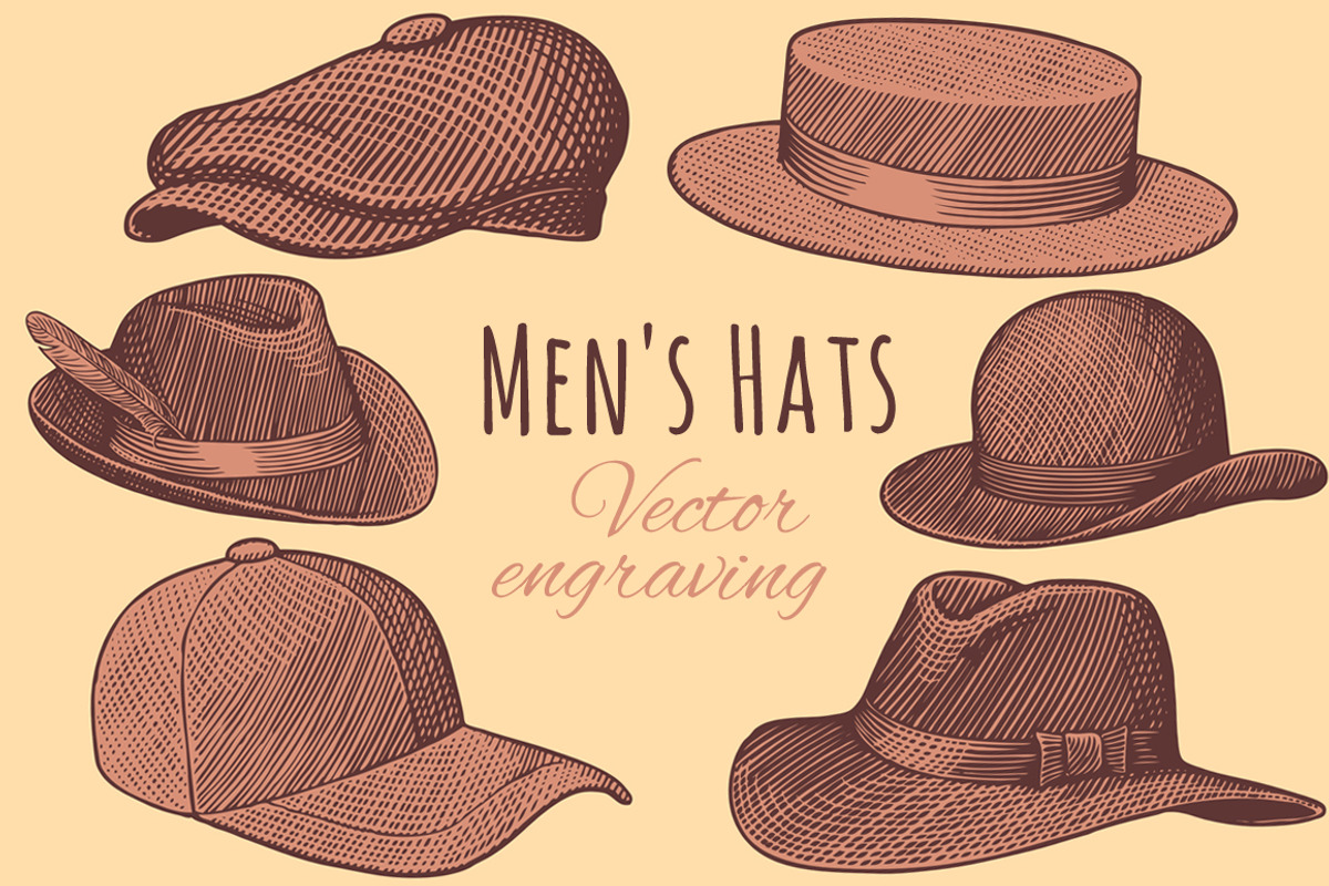 Set Men's Hats. Vector engraving, an Object Graphic by Vector Engraving