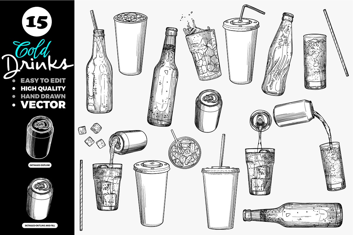 Hand drawn vector outline cold drinks
