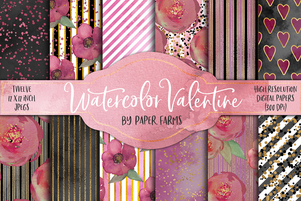 Watercolor Valentine digital paper, a Pattern Graphic by Paper Farms