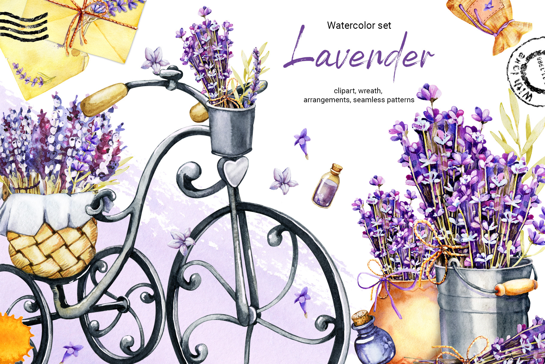 Provence Lavender watercolor clipart, a Decorative Illustration by ...