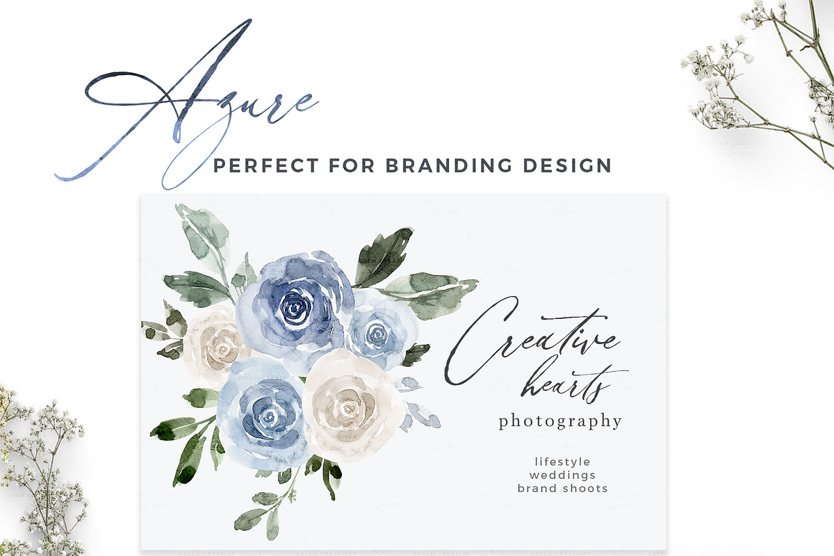 AZURE Blue Watercolor Flower Clipart, an Illustration by Essem Creatives