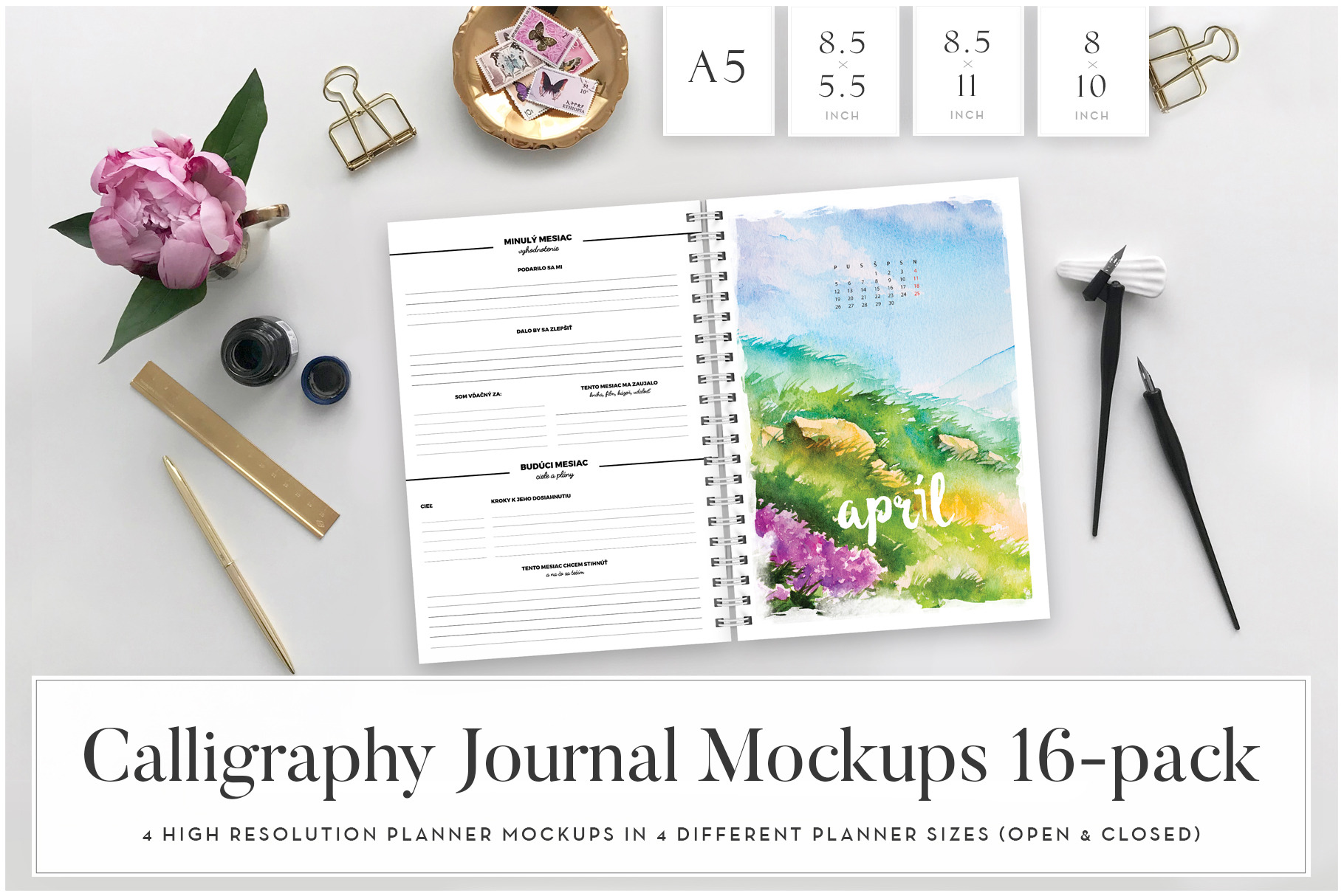 Calligraphy Planner Mockup (16 in 1), a Books & Magazine Mockup by ...