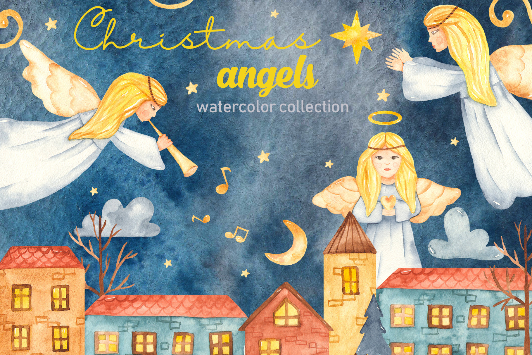 Christmas angels Watercolor clipart, an Illustration by Marina Ermakova