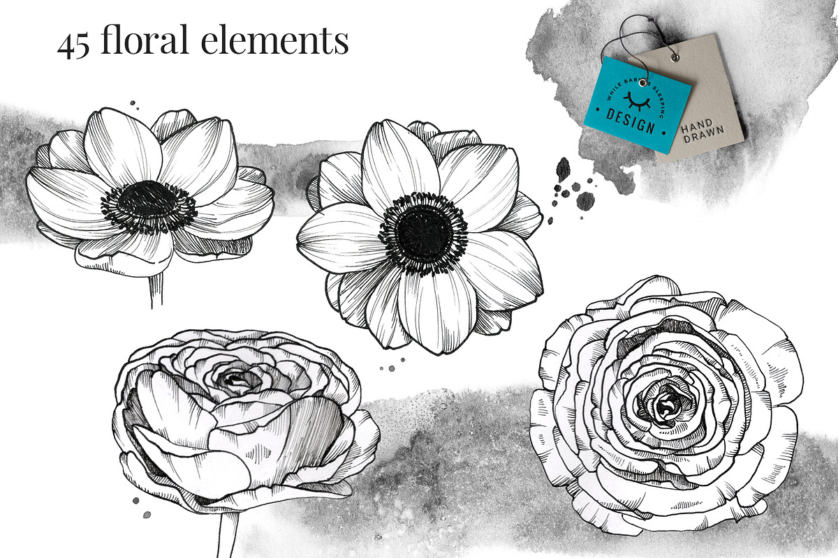 Black Ink Flowers and Watercolor, an Illustration by WBS Design
