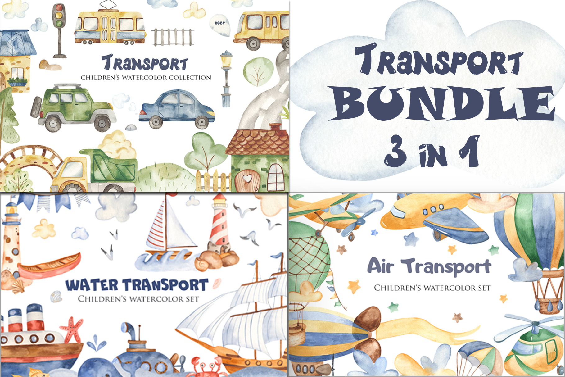 Transport watercolor. BUNDLE., a Transportation Illustration by Marina ...
