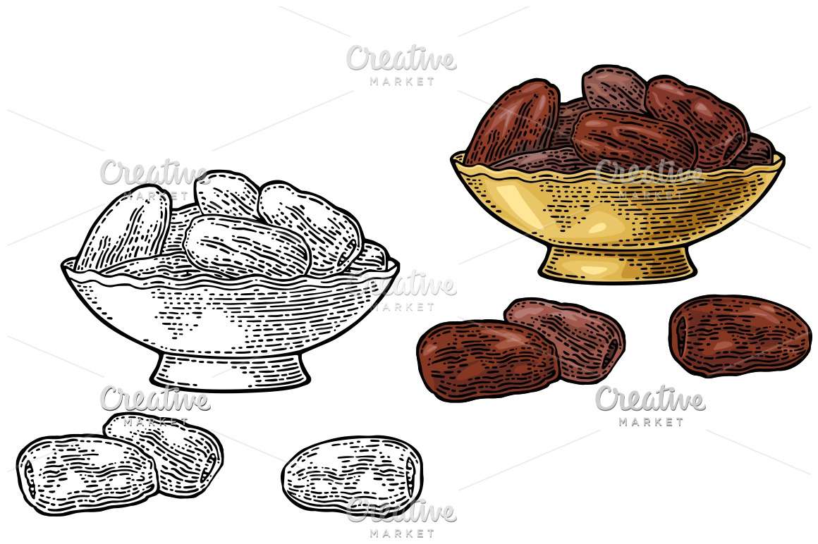 Sweet dates fruit in the bowl. Vector black vintage engraving, a Food ...