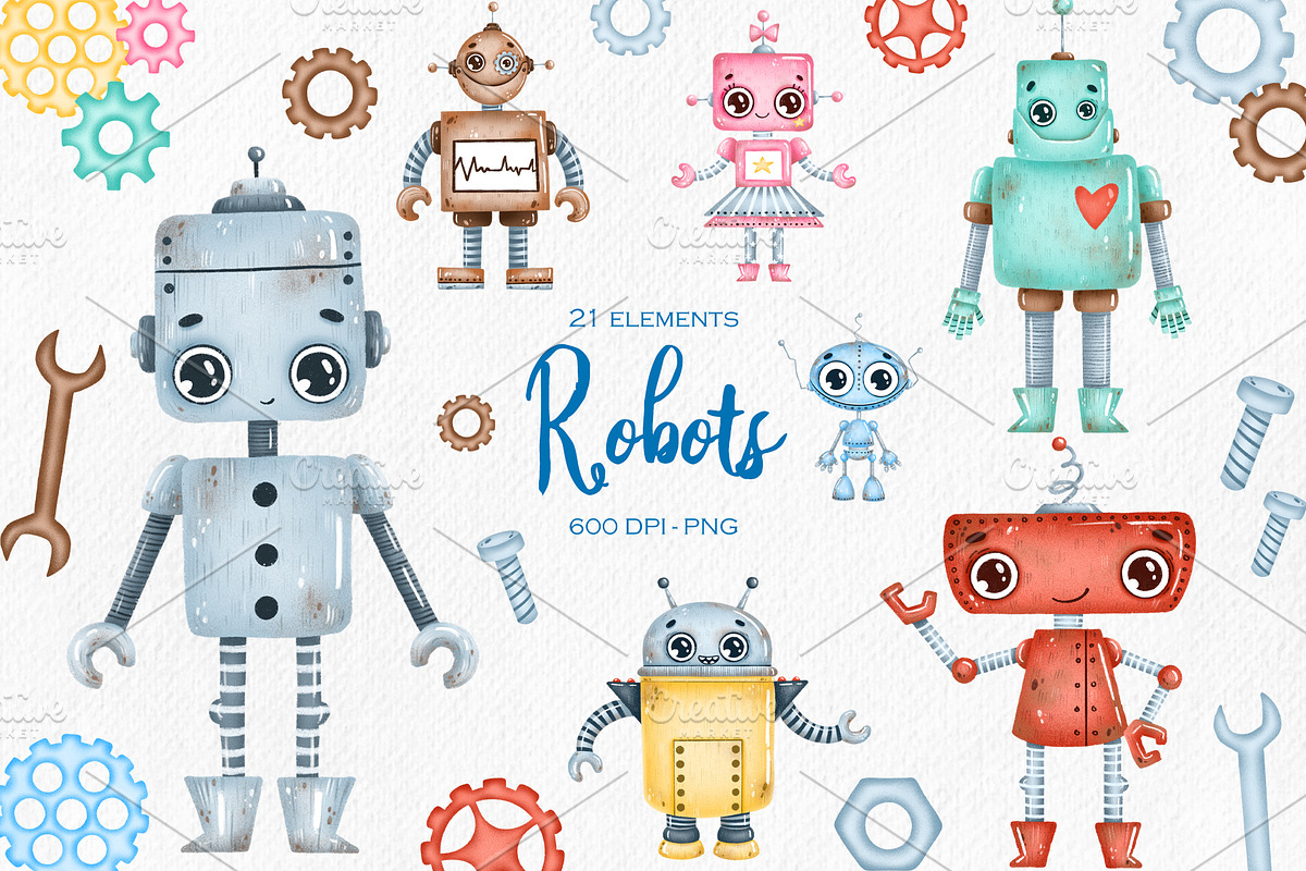 Cute Robots Clipart, a Technology Illustration by BonbonnyDesigns