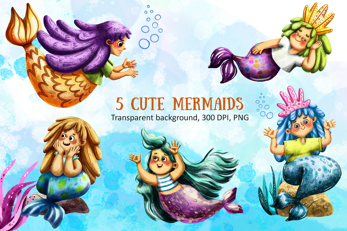 Little Mermaids - Clip Art Set, an Animal Illustration by Mashamashastu