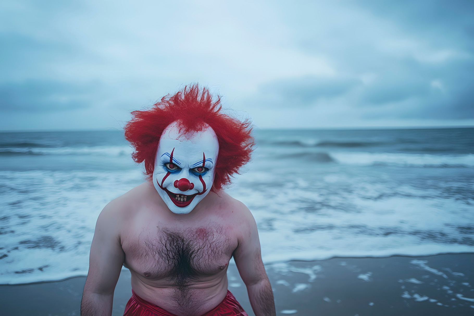 shirtless evil clown on the beach, generative AI, a Photo by Nito ...