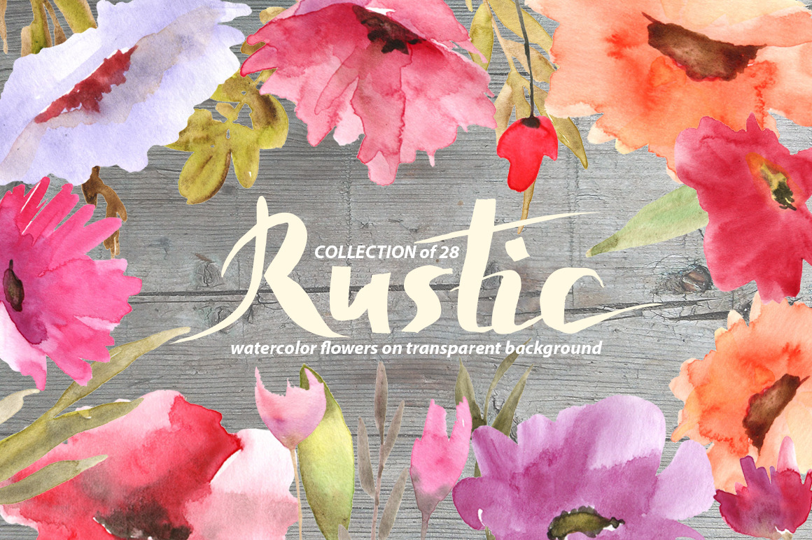 Rustic watercolor flowers set, a Graphic by GraphicsDish