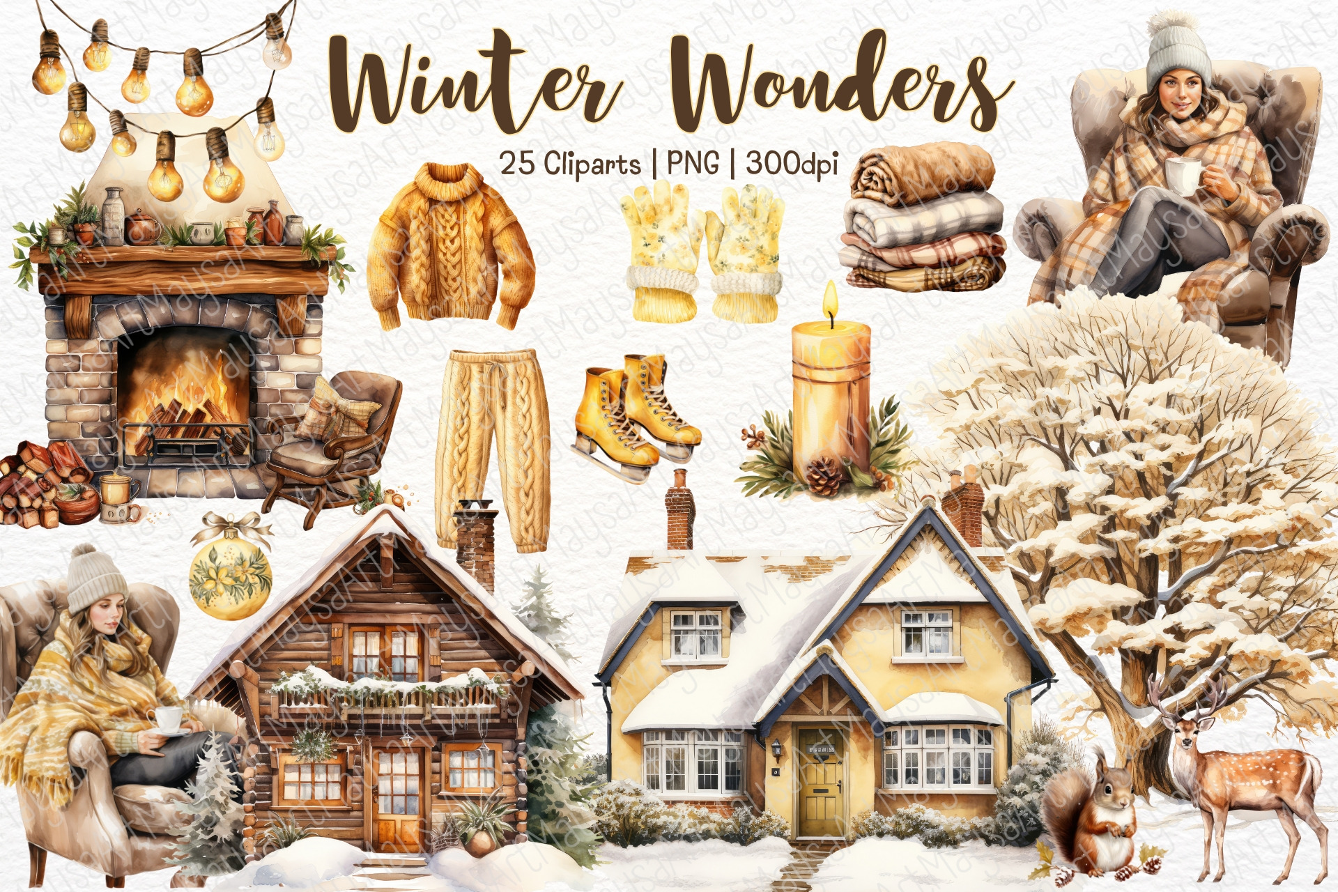 Winter Watercolor Clipart Set PNG, a Seasonal Illustration by Maysa Art
