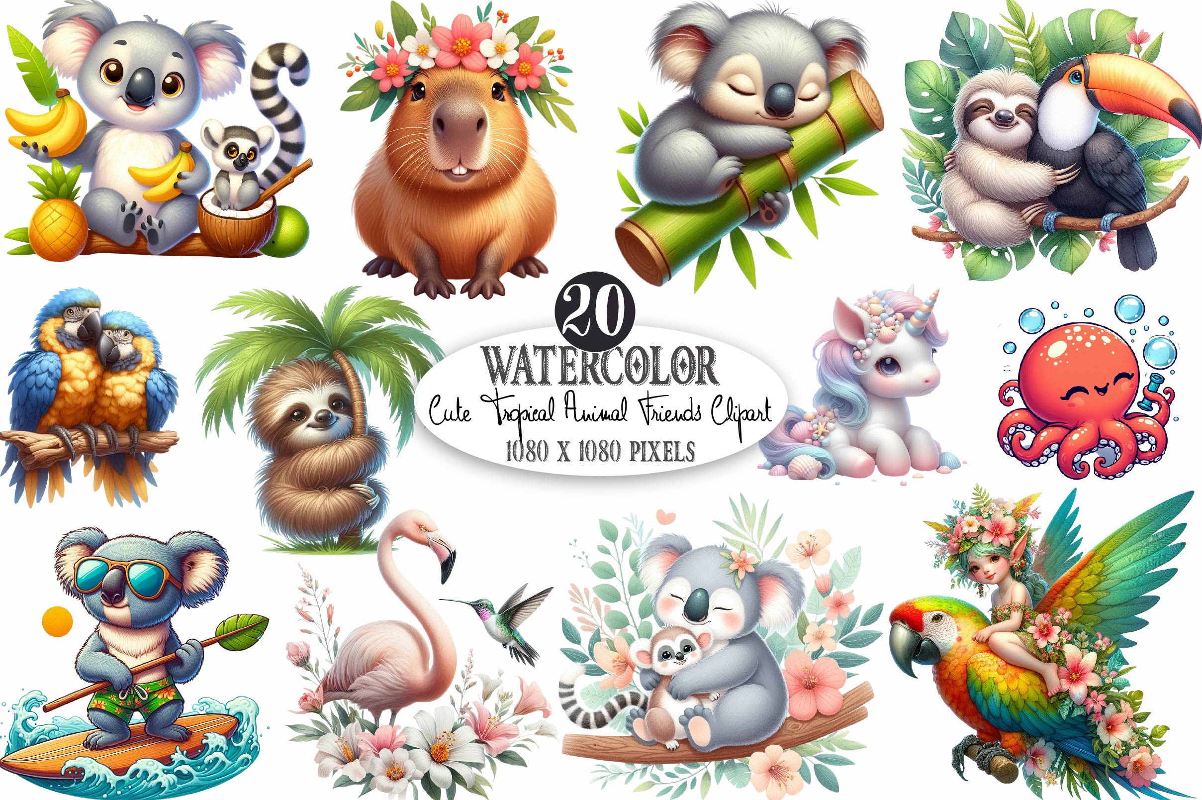 Cute Tropical Animal Friends Clipart, an Illustration by Designking