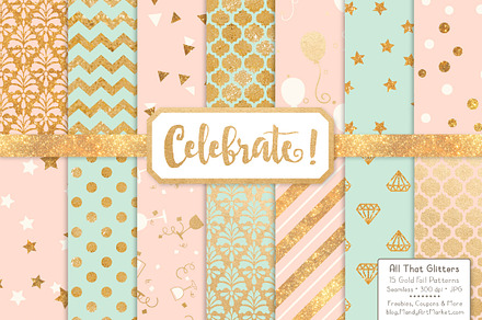 Blue & Mint Gold Foil Digital Papers | Graphic Patterns ~ Creative Market
