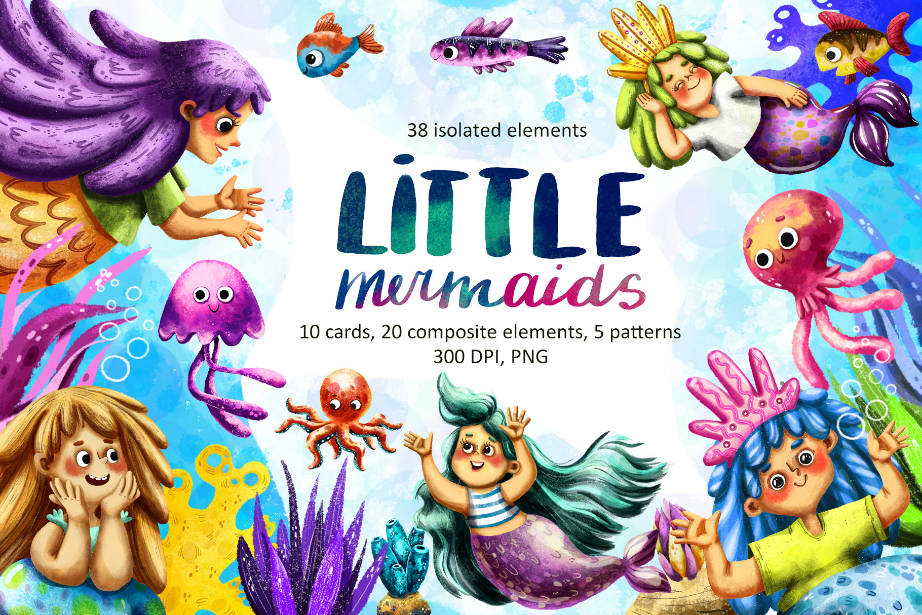 Little Mermaids - Clip Art Set, an Animal Illustration by Mashamashastu