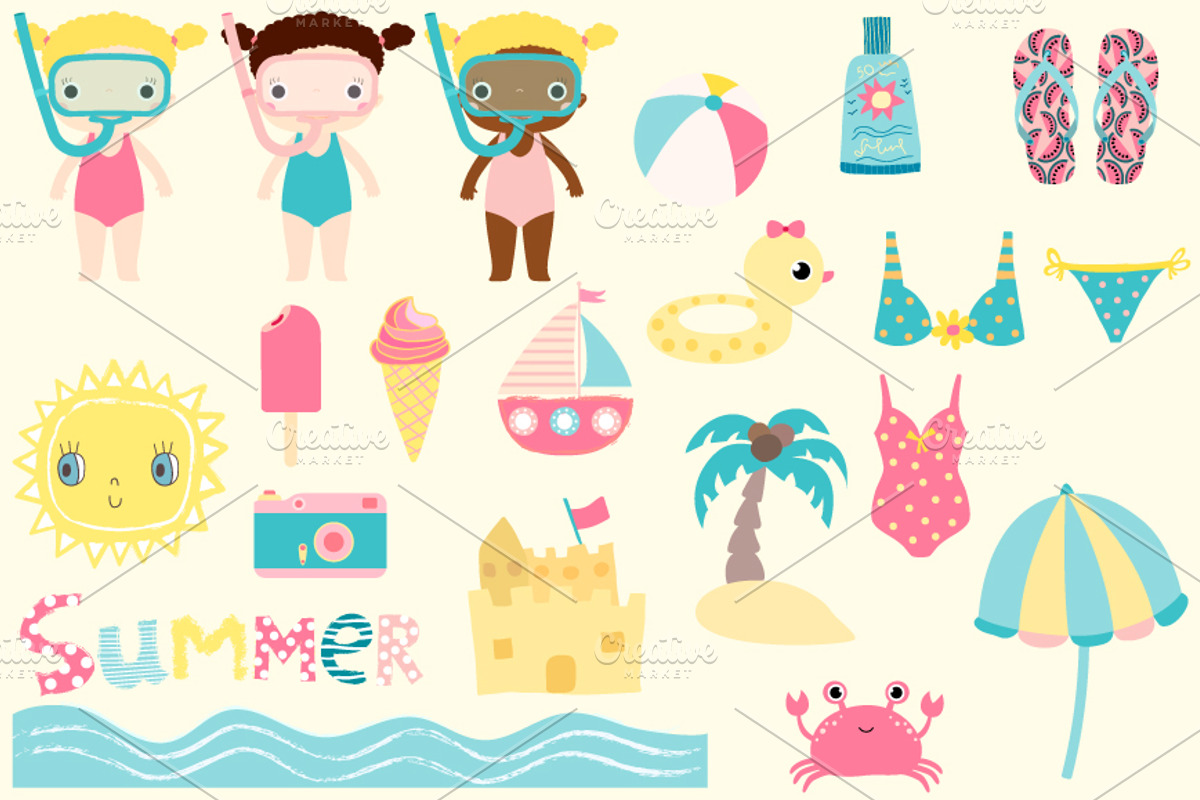 Summer beach holiday clipart set, an Illustration by Pravokrugulnik