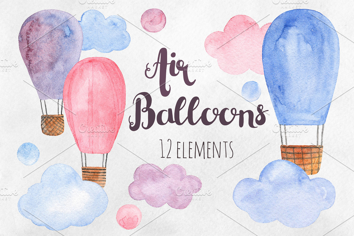 Air balloons watercolor clip art, a Transportation Illustration by ...