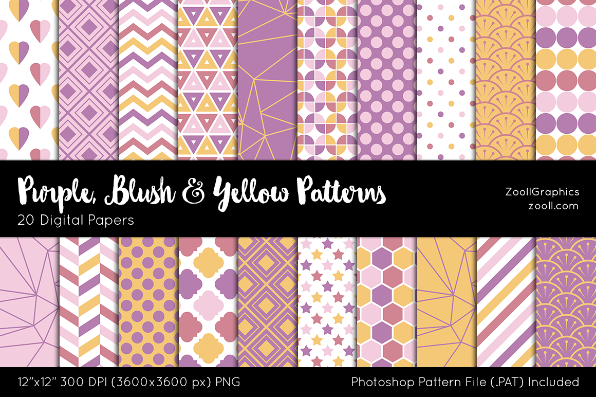 Purple Blush & Yellow Digital Papers, a Pattern Graphic by ZoollGraphics
