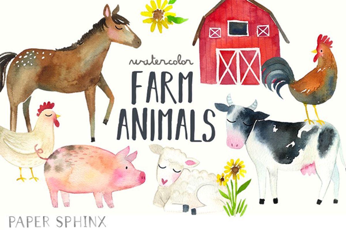Watercolor Farm Animals Clipart Pack, an Animal Illustration by PaperSphinx
