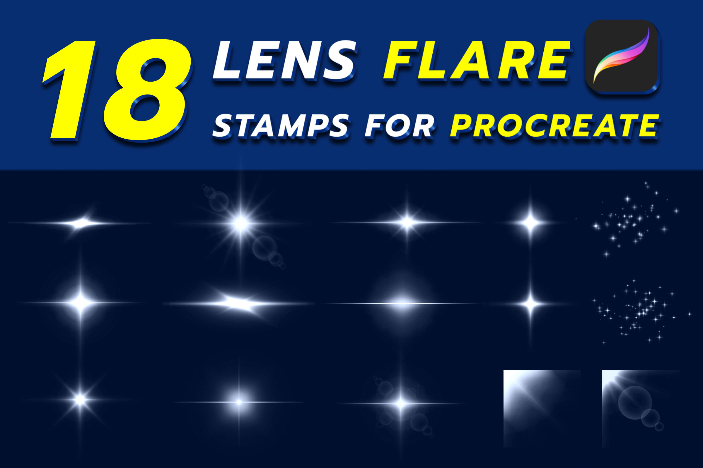 18 Lens Flare Stamps For Procreate, a Brush Add-On by JaoGam