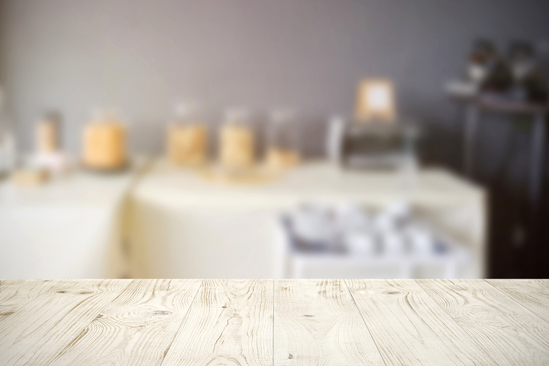 wood table, blur catering background, an Abstract Photo by Nuchylee Photo