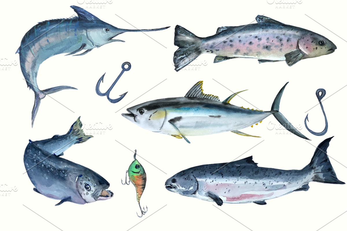 Watercolor Fishing Clip Art Set, an Illustration by Tati Bordiu