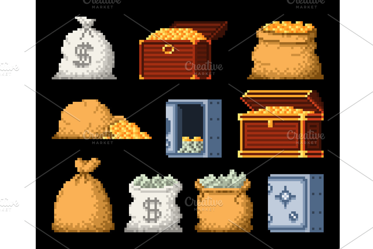 8 bit pixel money bag, golden coins, an Illustration by Vector ...