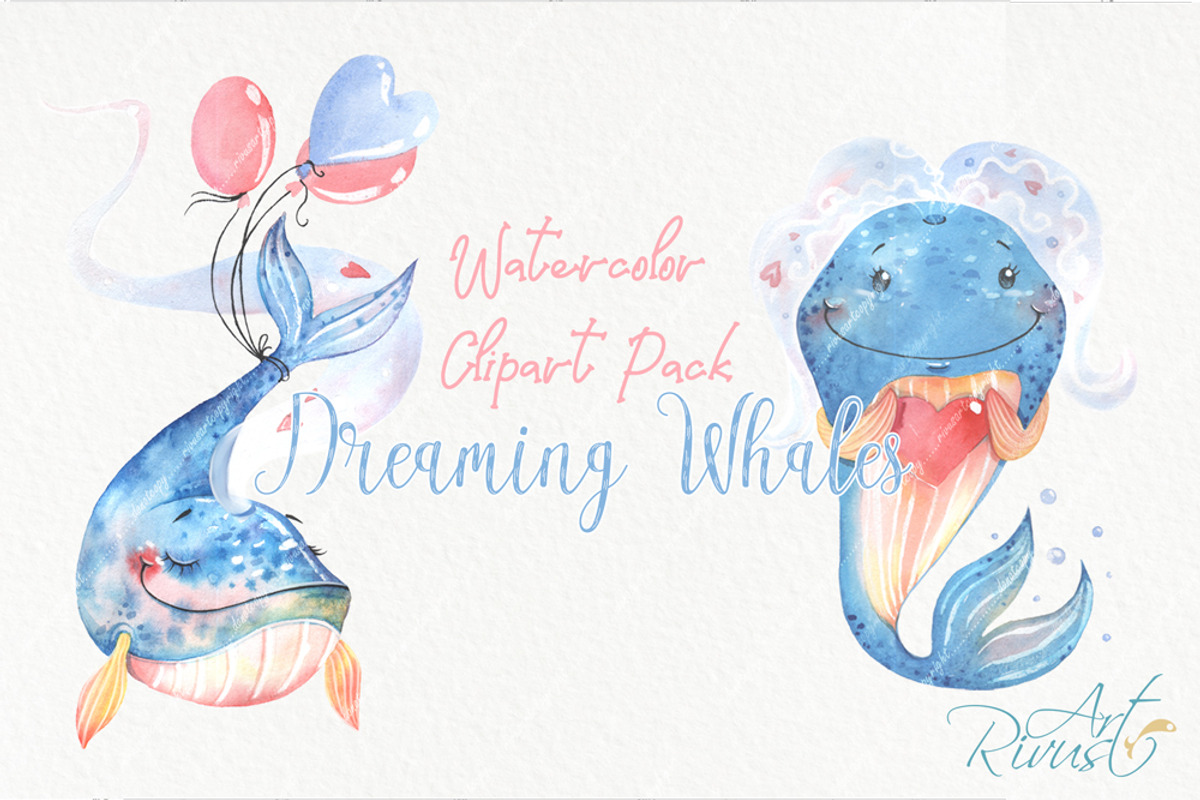 Cute baby whales watercolor clipart, an Animal Illustration by RivusArt