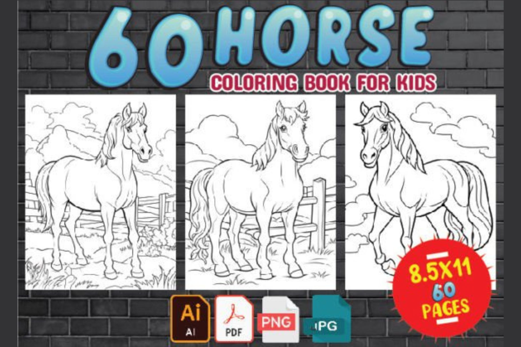 60 Horse Coloring Pages for Kids, an Animal Illustration by shopcosm