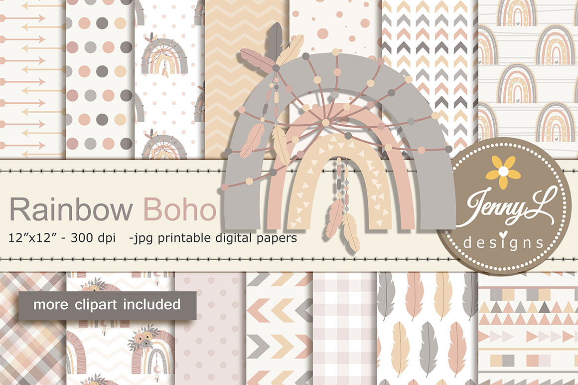 Rainbow Boho Digital Papers Clipart, a Pattern Graphic by JennyL Designs