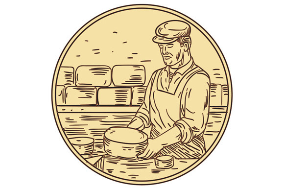 Cheesemaker Making Cheddar Cheese, an Illustration by patrimonio