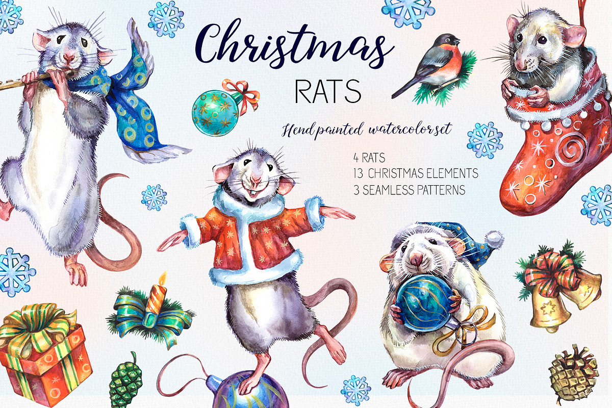 Christmas Rats Watercolor set, an Animal Illustration by Green_leaf_17