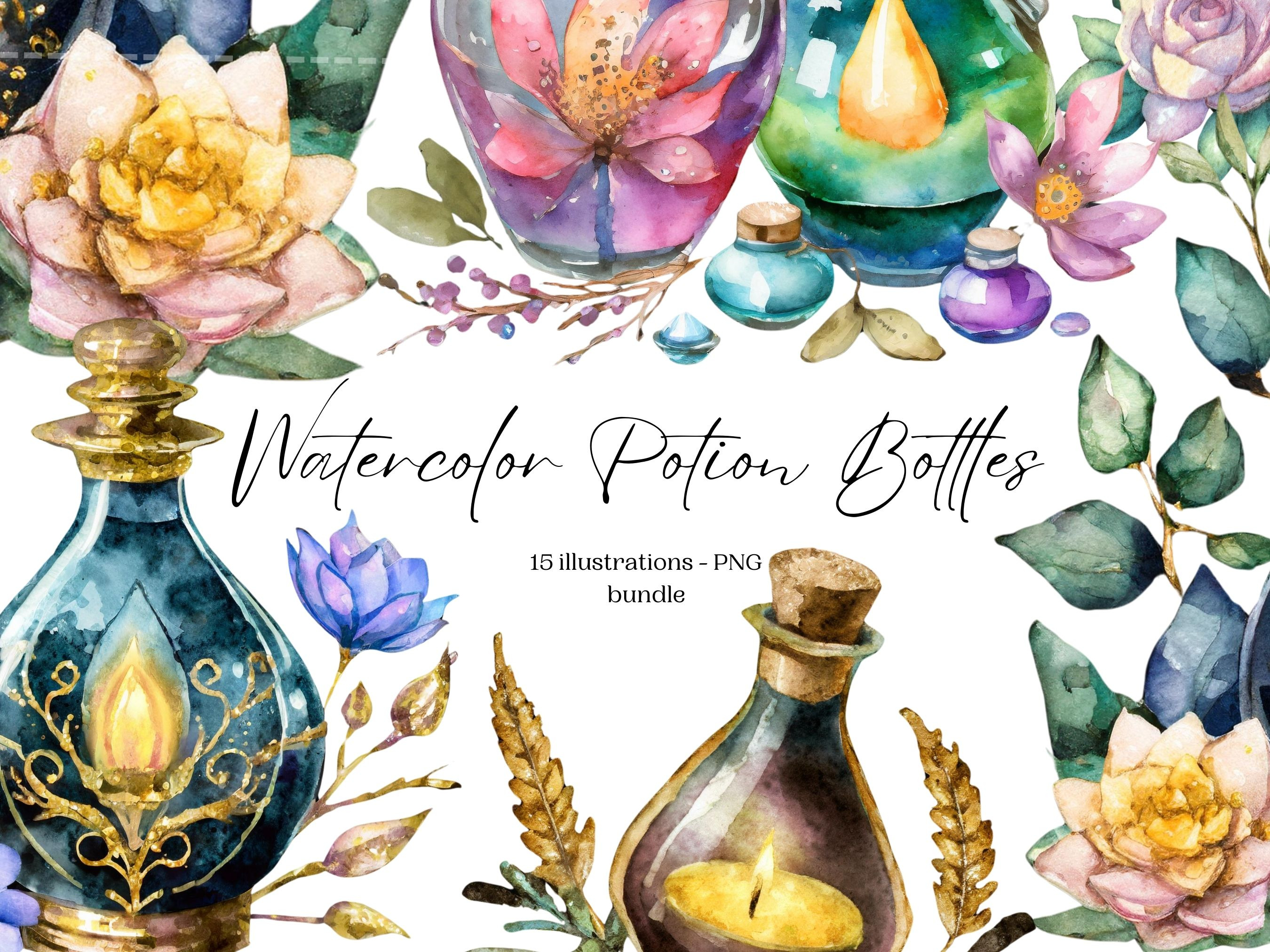 Watercolor Potion Bottles PNG Bundle, an Object Illustration by Little ...