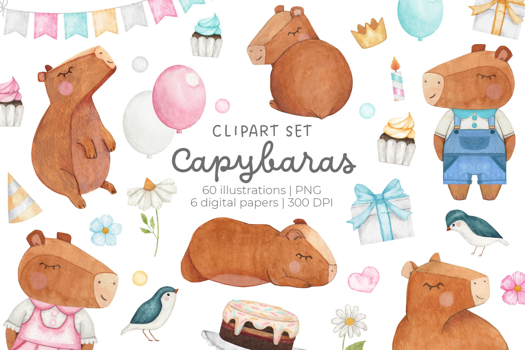 Watercolor Capybara Clipart Set | Creative Market