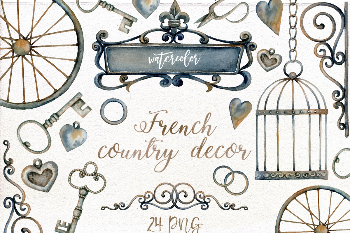Watercolor French country clip art., a Decorative Illustration by Mary