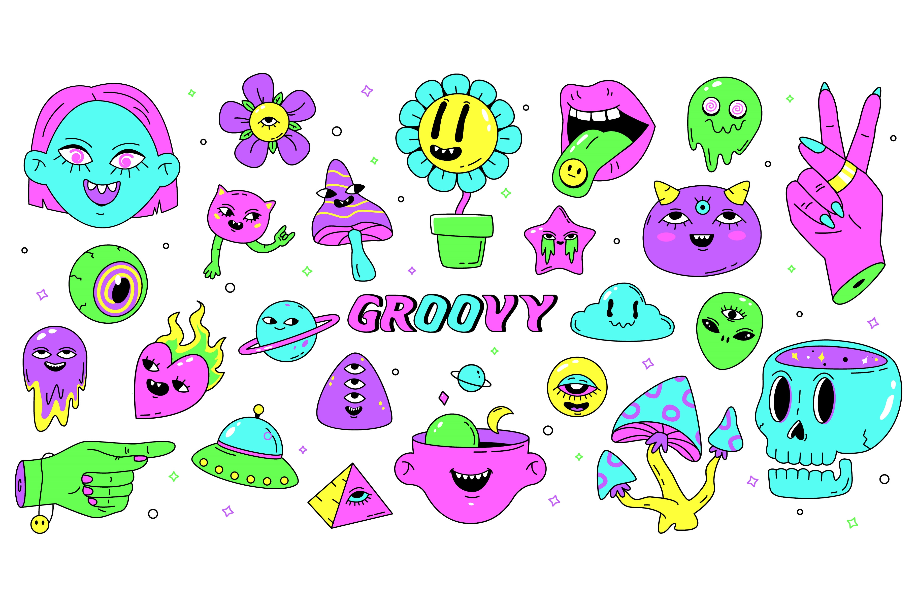 Cartoon neon psychedelic stickers, a Graphic by winwin.art