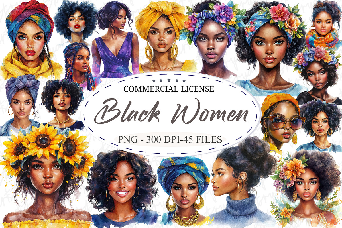 Watercolor Black Women Clip Art, an Illustration by designcity5