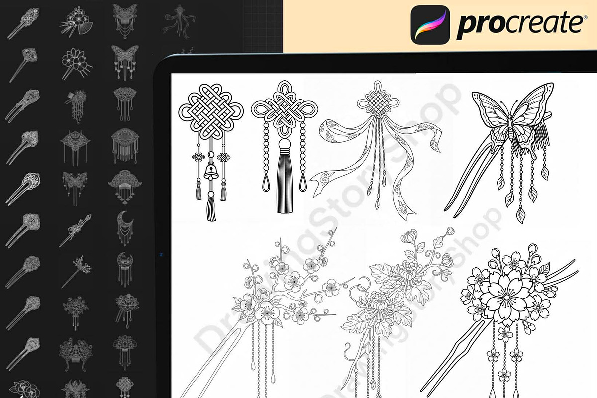 100 Chinese Hairpin Procreate Brush, a Brush Add-On by DrawingStoryShop